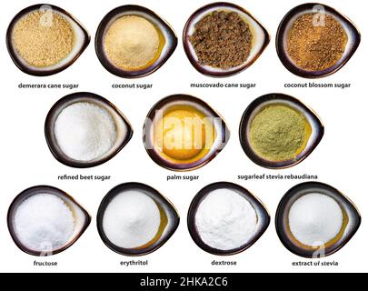 set of various sugars with names in ceramic bowls Stock Photo - Alamy