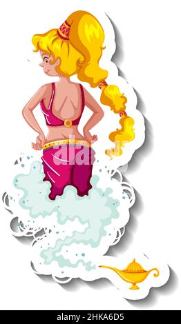 Genie lady coming out of magic lamp cartoon character sticker illustration Stock Vector Image ...