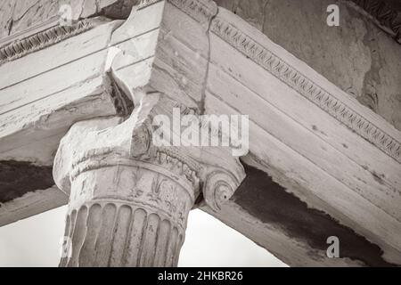 Black and white picture of the details figures sculptures columns of the Acropolis of Athens ...