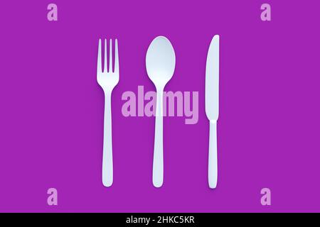 White spoon and fork on violet background. 3d render Stock Photo - Alamy