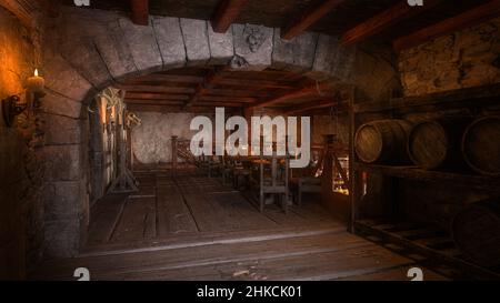 Medieval tavern bar with barrels of ale, cider and mead lit by ...