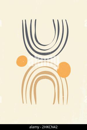 Modern line art poster with boho rainbow sun dragon and organic shapes ...