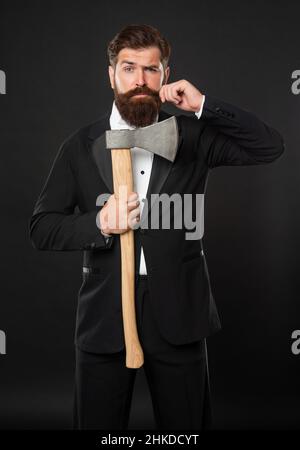 Barbershop. Bearded man twirl moustache. Brutal barber hold hatchet ...