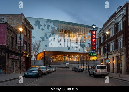 Exterior of the New Calgary Central Library. The exterior is a textured ...