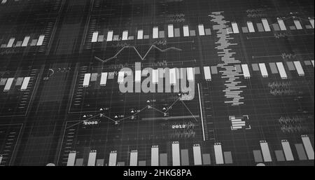 Image of diagrams with numbers and data processing on black background ...