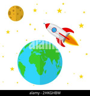 Rocket flies through in space. Vector illustration. Spacecraft, Earth ...