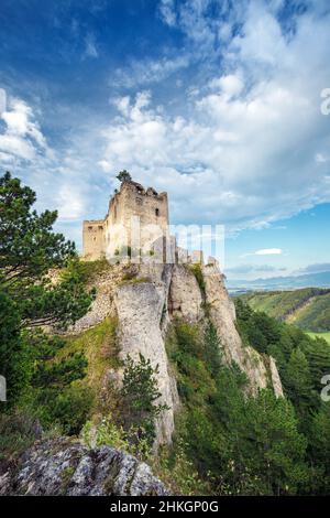 The medieval castle Lietava on a rocky reef with view of the ...