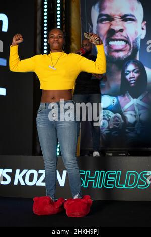 Claressa Shields during the weigh-in at the Genesis Cinema, London ...