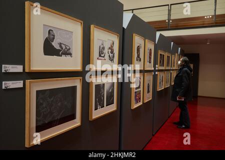 Visitor to the Caricature exhibition looks at the artworks during the ...