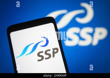 In this photo illustration a SSP Group plc logo seen displayed on a ...