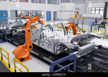 Automation automobile factory concept with 3d rendering robot assembly ...