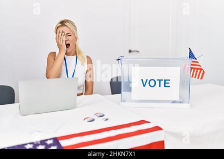 Beautiful caucasian woman working at political campaign surprised ...
