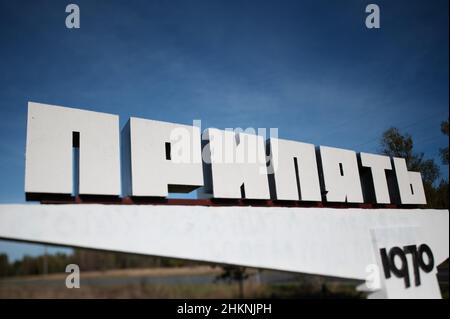 The famous Pripyat sign near the red forest and the so-called bridge of ...