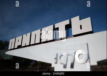 The famous Pripyat sign near the red forest and the so-called bridge of ...