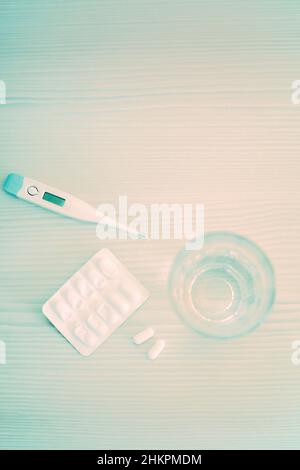 Thermometer on wooden table top view with copy space for design Stock ...