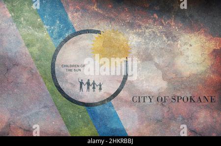 official flag of Spokane, Washington untied states of America at cloudy ...