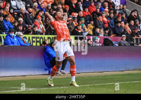 Jordan Lawrence-Gabriel #4 of Blackpool takes a throw-in during the Sky ...