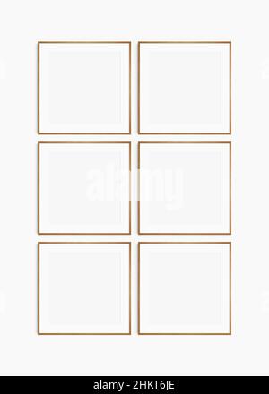 Mock up six empty photo frames with white brick wall and wooden floor ...