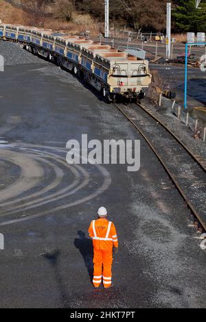 Shunter / trainman guiding a train of empty ballast wagons into the ...