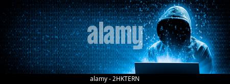 Silhouette of anonymous hacker and digital binary code on dark background. Cyber attack concept ...