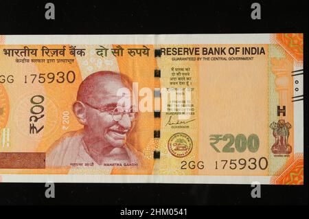 200 rupee printed on indian currency note Stock Photo - Alamy