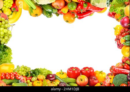 Rectangular wide frame of vegetables and fruits isolated on white ...