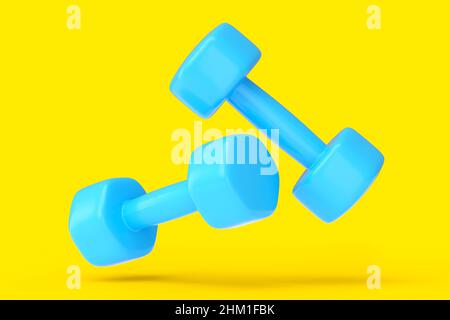 Pair of rubber blue dumbbells isolated on white background. 3d ...