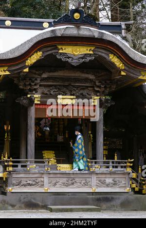 suwa, nagano, japan, 2022/06/02 , Shinto priest at Suwa Grand Shrine ...