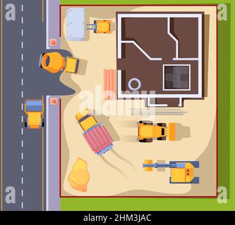 Construction machines top view with bulldozer and excavator flat ...