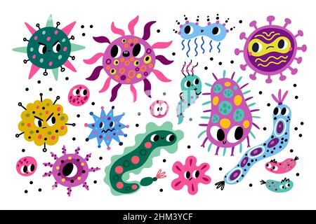 Cartoon comic germ disease microorganism, kawaii microbe pathogen ...