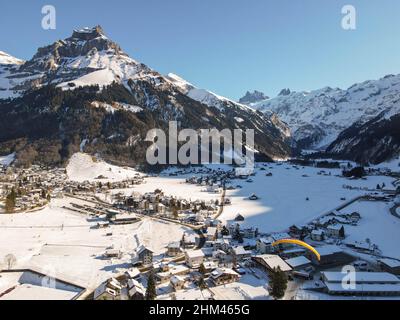 Drone view at the village of Engelberg on the Swiss alps Stock Photo ...