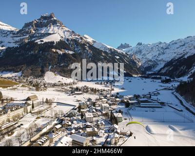 Drone view at the village of Engelberg on the Swiss alps Stock Photo ...