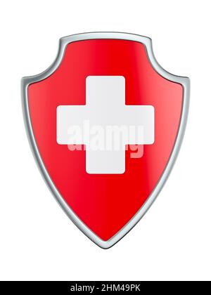 red shield with white cross on white background. Isolated 3D ...