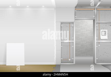 Interior under construction. Frame drywall, design and complete living ...