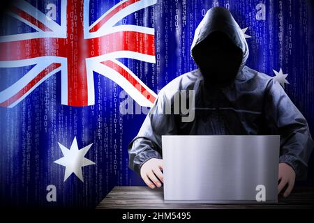 Anonymous hooded hacker, flag of Australia, binary code - cyber attack ...