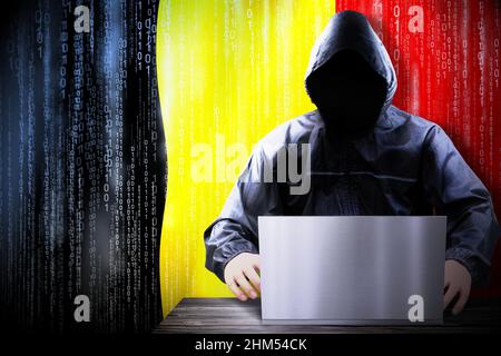 Anonymous hooded hacker, flag of Belgium, binary code - cyber attack ...