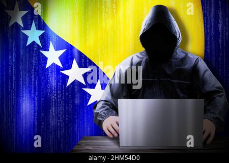 Anonymous hooded hacker, flag of Bosnia and Herzegovina binary code ...