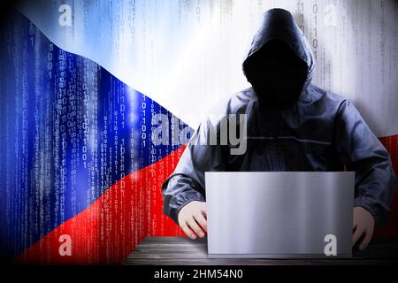 Anonymous hooded hacker, flag of Czech Republic, binary code - cyber ...