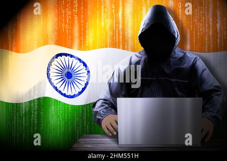 Anonymous hooded hacker, flag of India binary code - cyber attack concept Stock Photo - Alamy