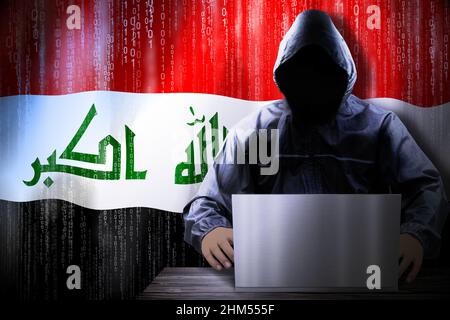 Anonymous hooded hacker, flag of Iraq, binary code - cyber attack concept Stock Photo - Alamy
