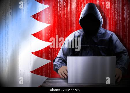 Anonymous hooded hacker, flag of Qatar, binary code - cyber attack ...