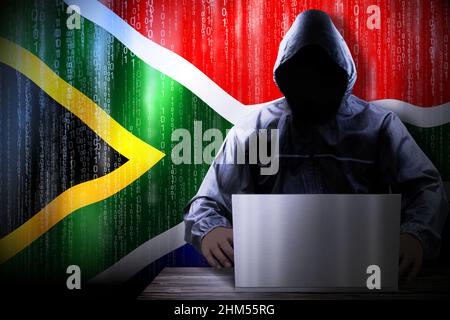 Anonymous hooded hacker, flag of South Africa, binary code - cyber ...