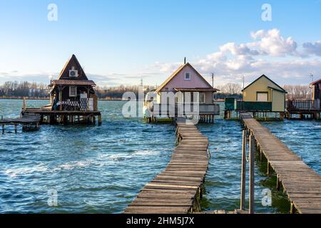 floating village bungalows in Bokod Hungary wit wooden pier Stock Photo ...