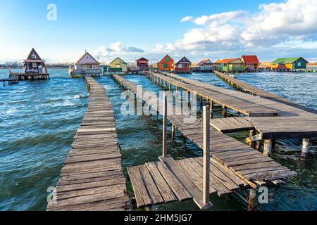 floating village bungalows in Bokod Hungary wit wooden pier Stock Photo ...