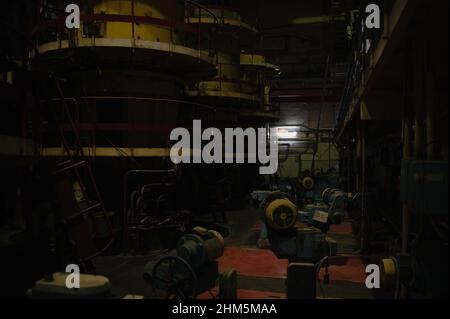 Decommissioned equipment in the shadowy pump room of reactor 3 at the ...