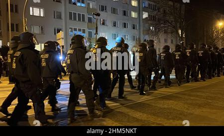 Magdeburg, Germany. 07th Feb, 2022. Police officers stand by during a ...