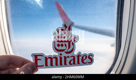 December 6, 2021, Dumbai, UAE. The emblem of the airline Emirates on ...