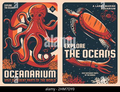 Sea animals retro posters, oceanarium fishes and ocean undersea world ...