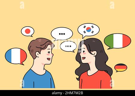 Diverse people talk in different languages. Smiling multiethnic man and ...