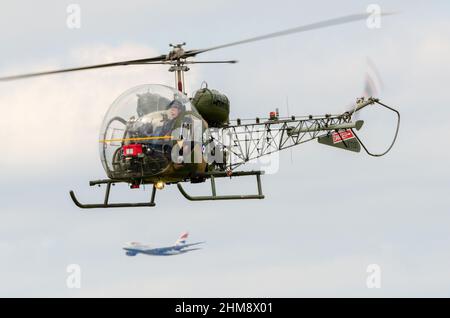 Agusta Bell 47 (Bell H-13 Sioux) vintage helicopter on trailer. Digital ...
